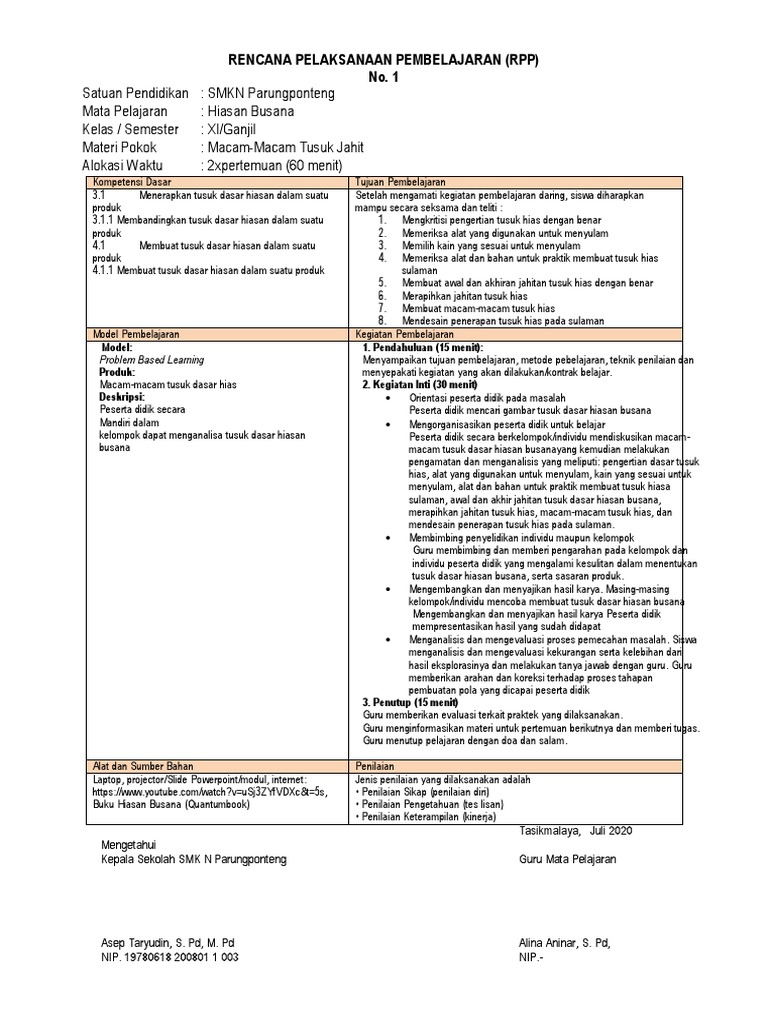 RPP XI Hiasan Busana: Tusuk Jahit | PDF