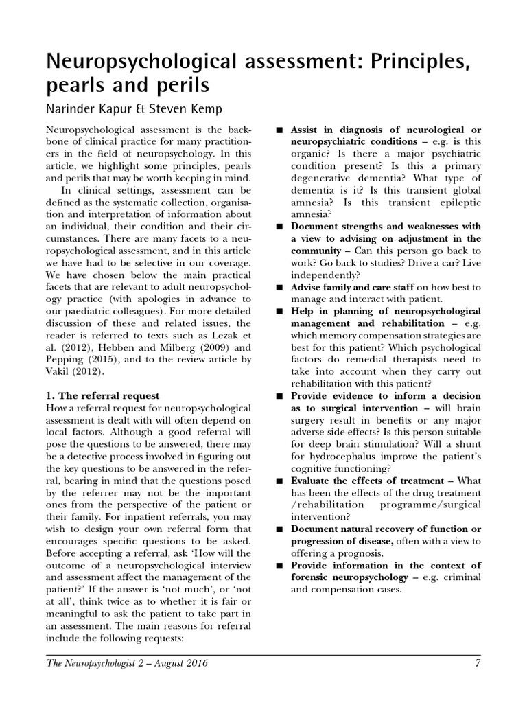 Neuropsychological Assessment: Principles, Pearls and Perils | PDF ...