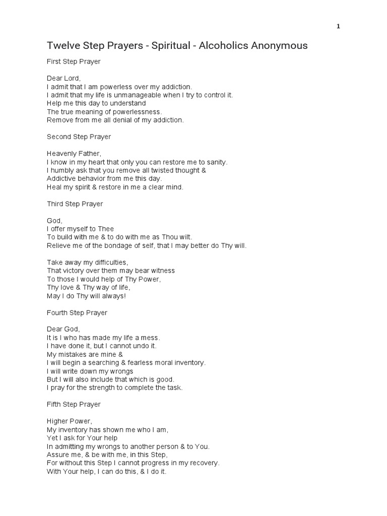 Twelve Step Prayers - Spiritual - Alcoholics Anonymous | PDF | Prayer | Twelve Step Program