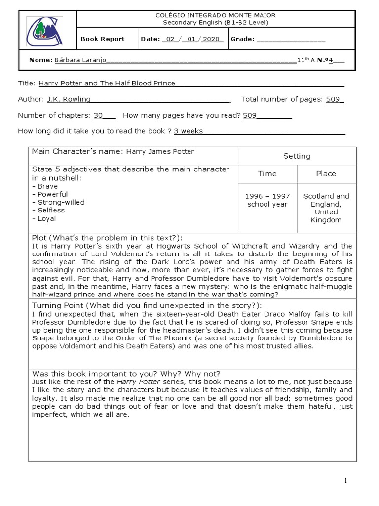 Book Report - Harry Potter and The Half Blood Prince | PDF | Fantasy ...