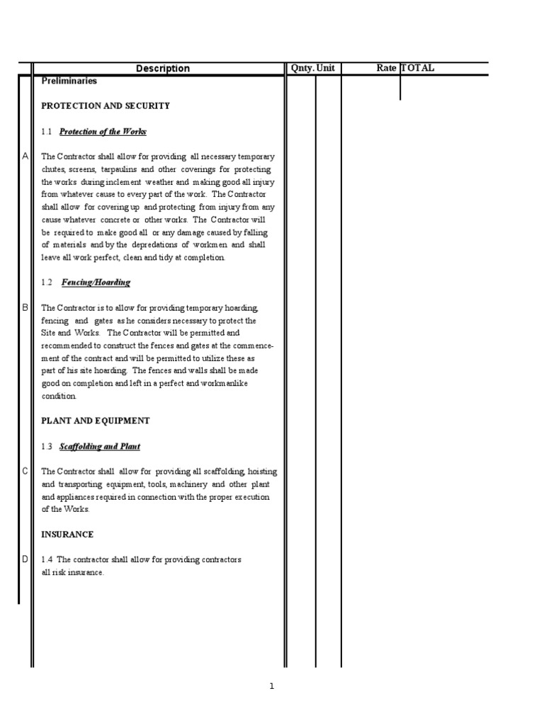 Description Qnty. Unit Rate Total: Preliminaries Protection and ...