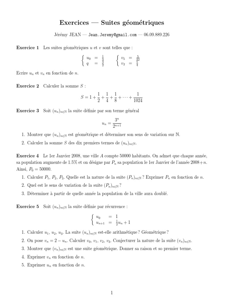 Exercices Des Suites Geometriques (Non Corrigés) | PDF