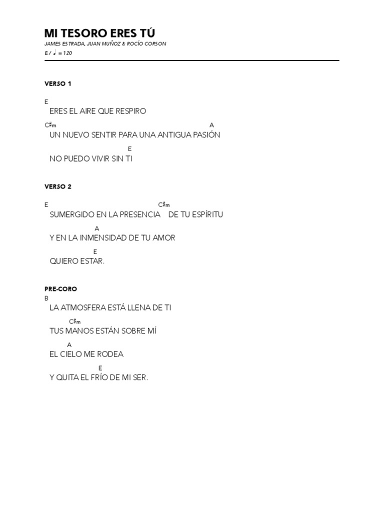 "Mi Tesoro Eres Tú: Letra de Canción" | PDF
