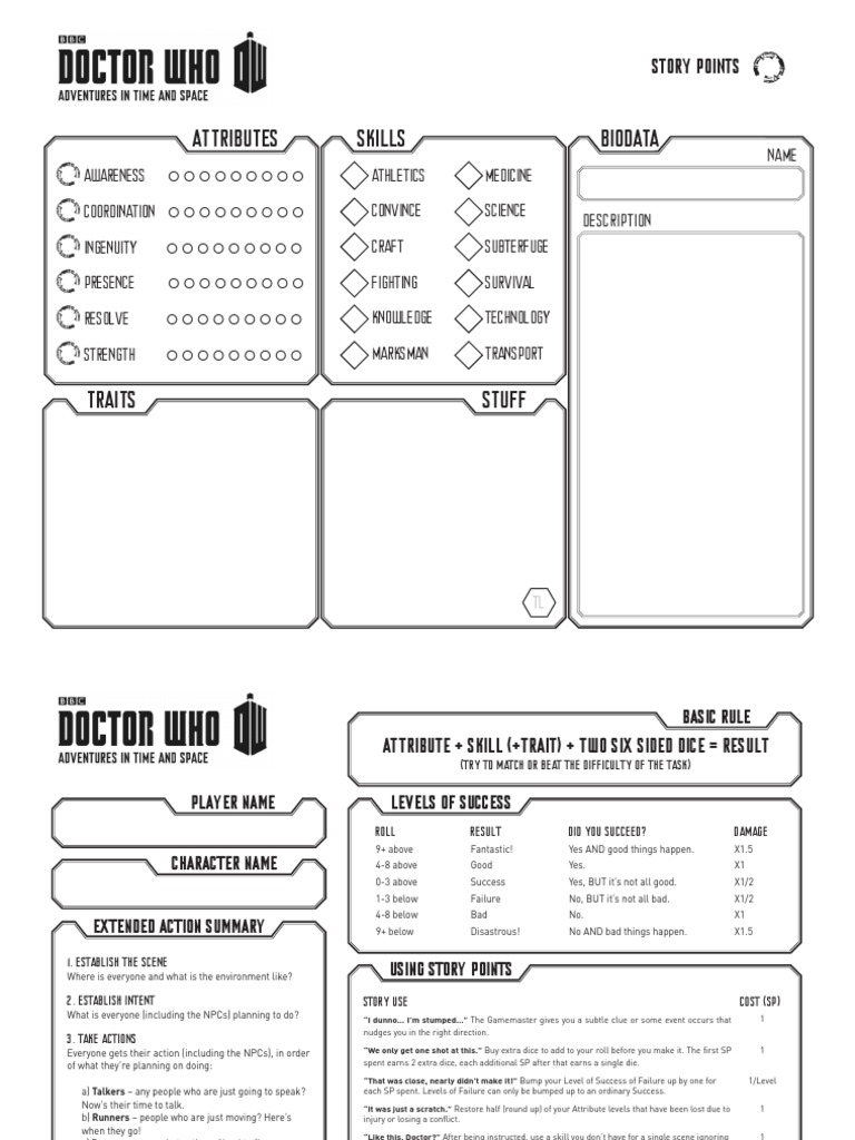 Doctor Who Print Friendly Character Sheet | PDF | Adventure Games ...