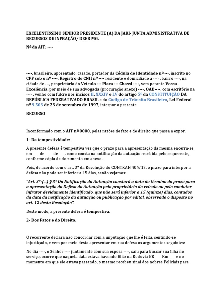 Modelo Recurso Multa Por Bafometro | PDF | Metrologia | Carteira de ...