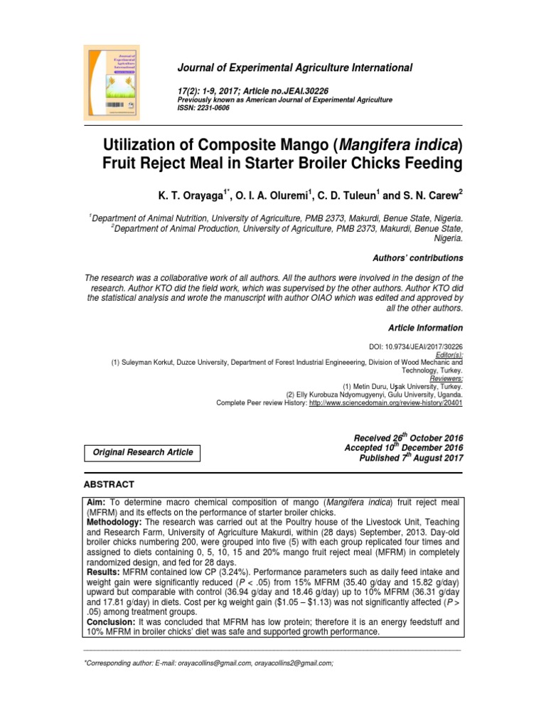 Utilization of Composite Mango (Mangifera Indica) Fruit Reject Meal in ...