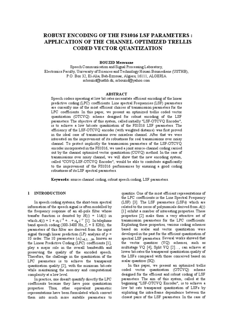 Robust Encoding of The Fs1016 LSF Parameters: Application of The Channel Optimized Trellis Coded ...