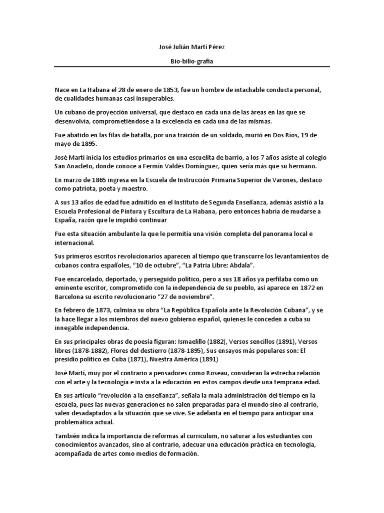 Bio y obra del apóstol de la independencia cubana José Martí | PDF | Cuba