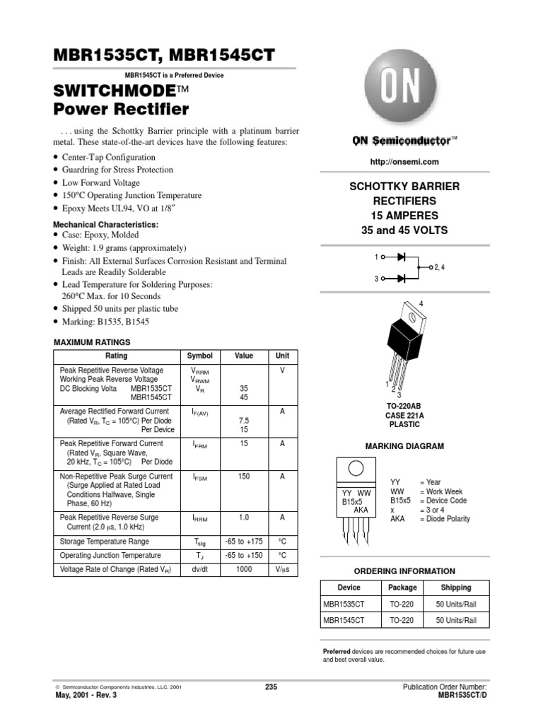MBR1535CT, MBR1545CT Switchmode Power Rectifier: Schottky Barrier ...