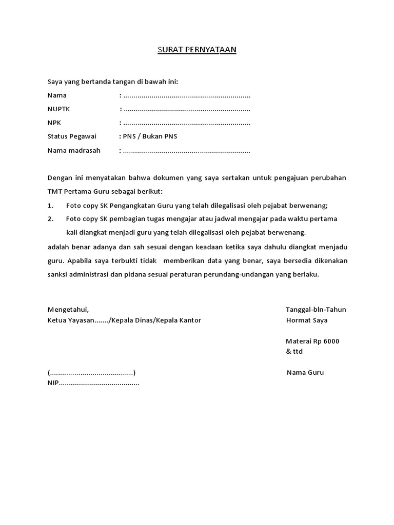 Surat Pernyataan Persetujuan Perubahan TMT Guru | PDF
