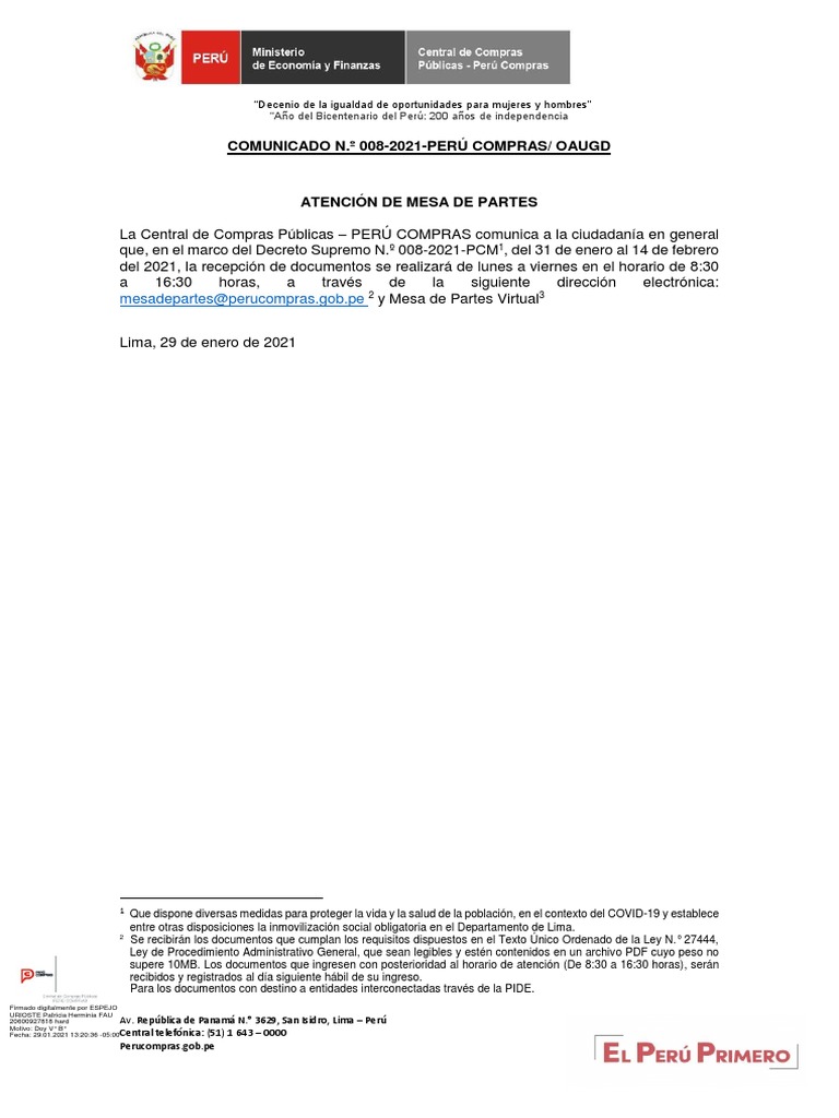 Comunicado N 008 2021 Perucompras Oaugd | PDF