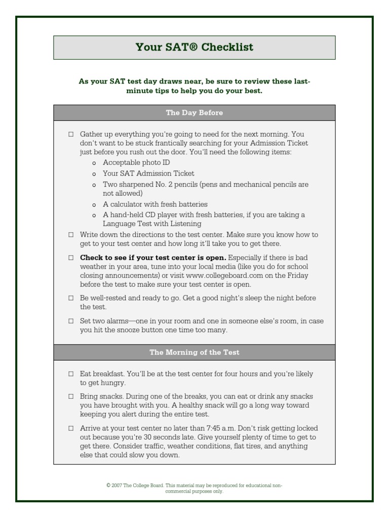 Sat Checklist For Students | PDF