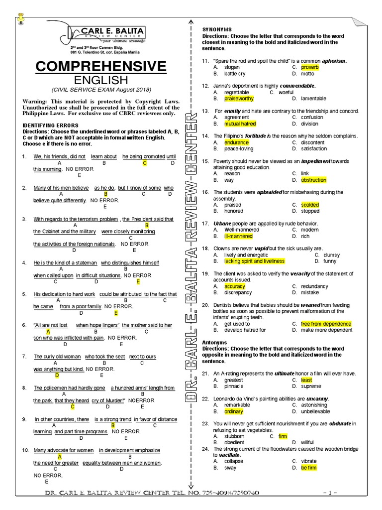 Cseaug18 - Comprehensive - Englis - Answer Key | PDF | Climate Change ...