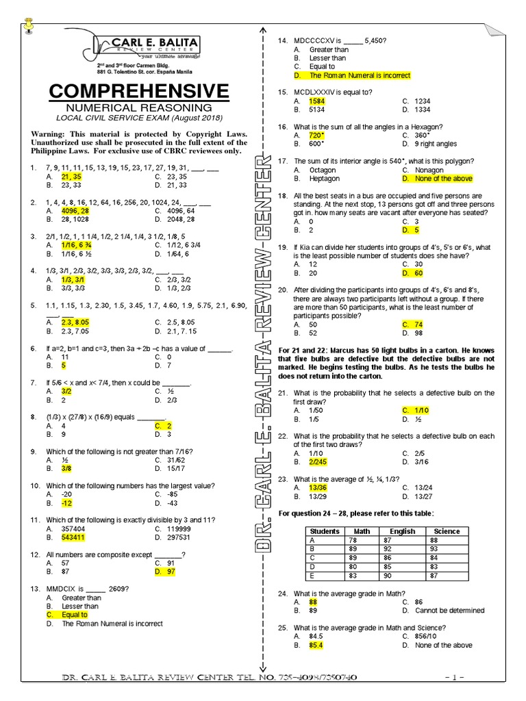 Cseaug18 - Comprehensive - Math - Answer Key | PDF | Area | Elementary ...