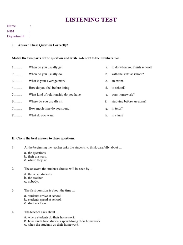 Listening Test: Name: NIM: Department | PDF | Test (Assessment) | Homework