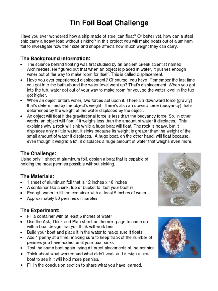 Tin Foil Boat Challenge: The Background Information | PDF | Buoyancy ...