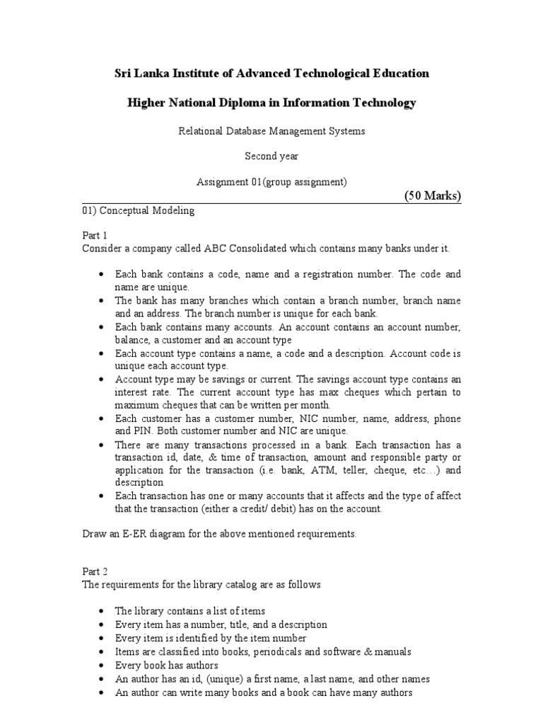 Relational Database Management Systems Assignment - Conceptual Modeling of Banking System and ...