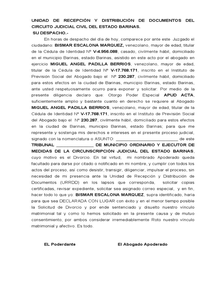 Poder APUD ACTA - Divorcio BISMAR | PDF | Divorcio | Ciencias sociales