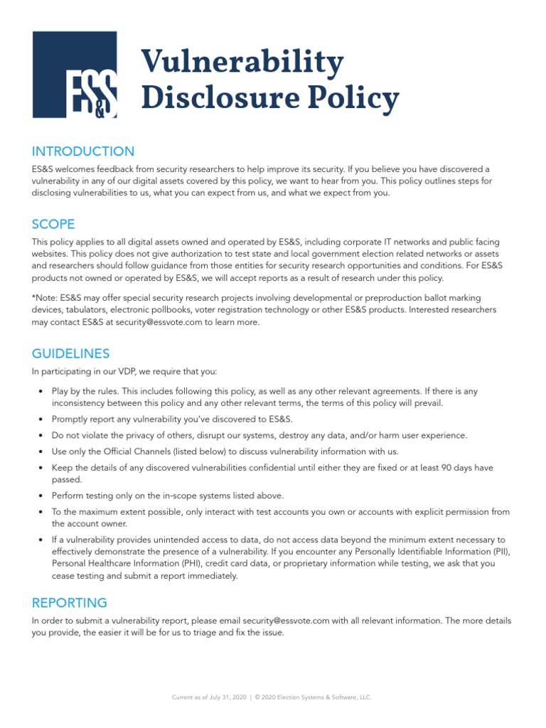 ESS Vulnerability Disclosure Policy | PDF | Vulnerability (Computing ...