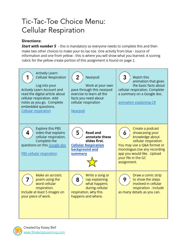 Cellular Respiration Choice Board | PDF