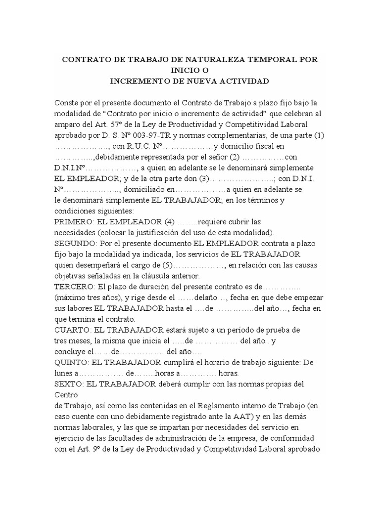 Contrato de Trabajo de Naturaleza Temporal Por Inicio o | PDF | Derecho laboral | Justicia