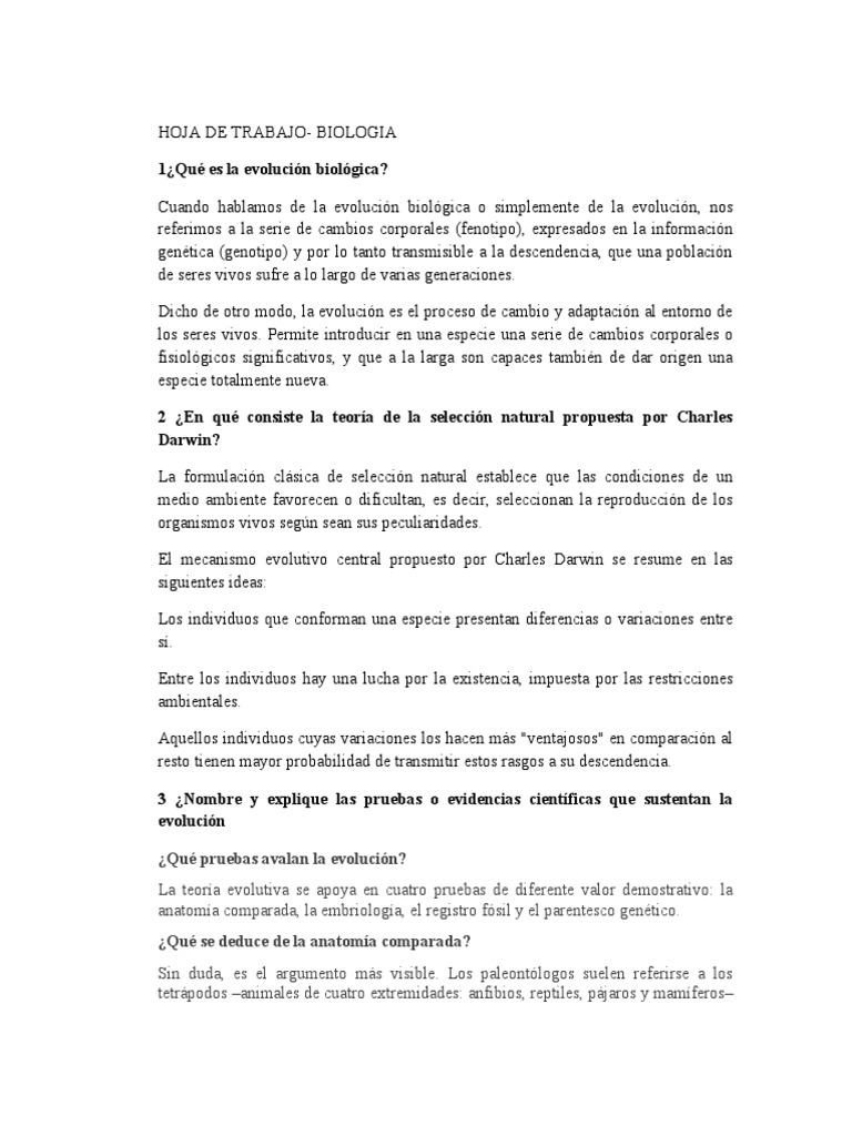 Hoja de Trabajo - Biologia | PDF | Evolución | Biología