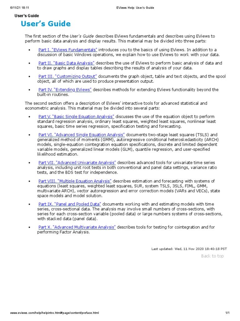 EViews Help - User's Guide | PDF | Ordinary Least Squares | Regression ...