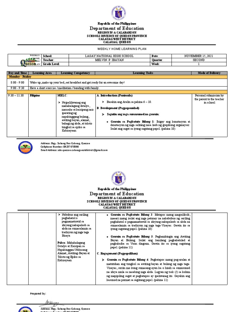 Filipino 7 WHLP Week 1 - q2 | PDF