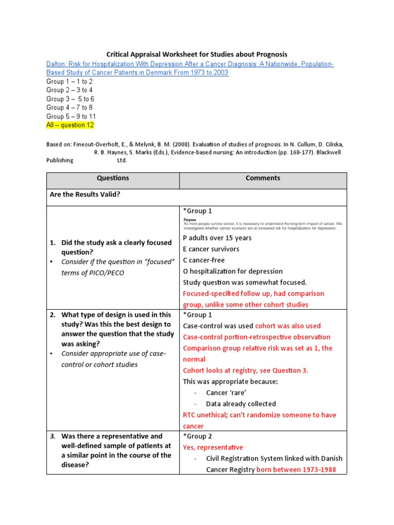 Critical Appraisal Worksheet For Studies About Prognosis | PDF | Cancer ...