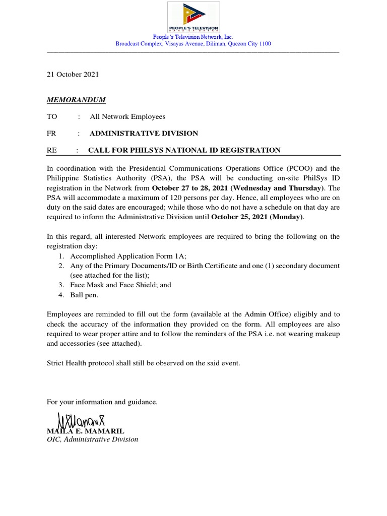 NATIONAL ID Registration Memo | PDF