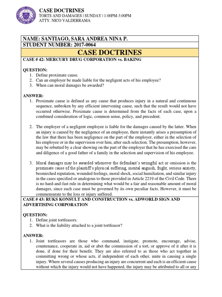 Case Doctrines For Torts 5 | PDF | Negligence | Legal Liability