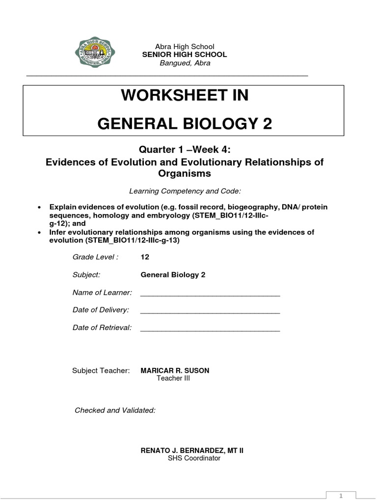 Worksheet in General Biology 2: Quarter 1 - Week 4: Evidences of ...