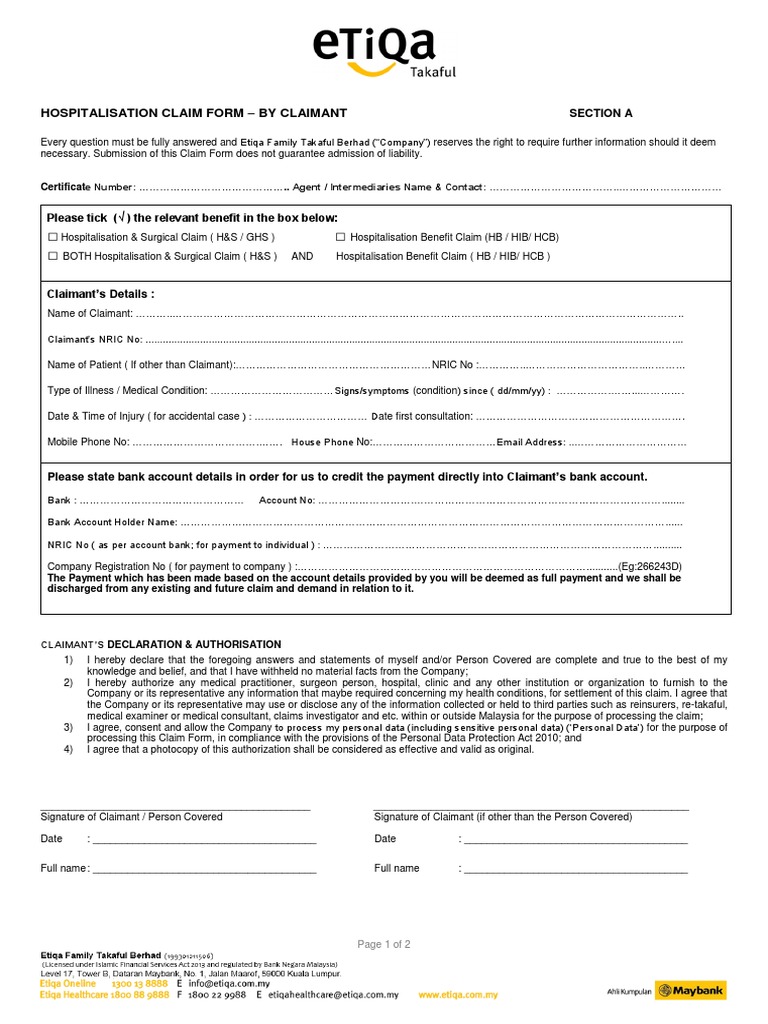 Hospitalisation Claim Form - by Claimant: Section A | PDF | Health ...