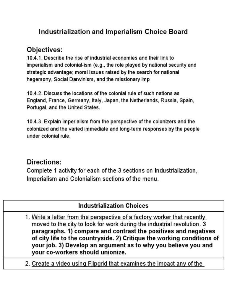 Industrialization and Imperialism Choice Board | PDF | Imperialism ...