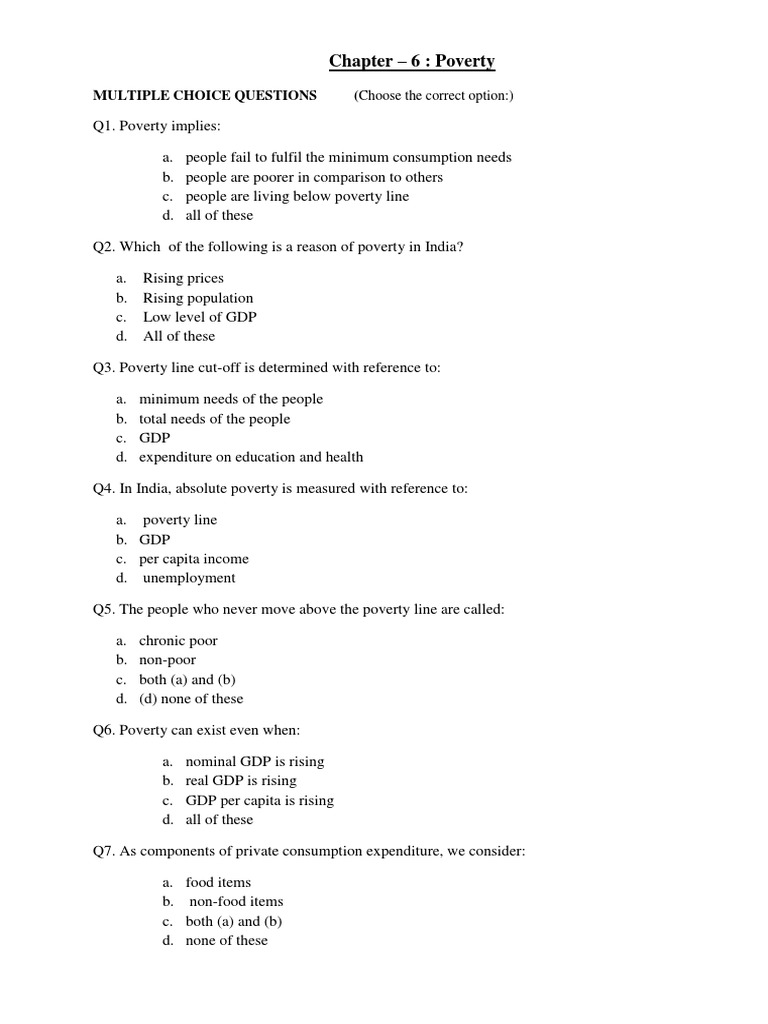 Chapter - 6: Poverty: Ultiple Choice Questions (Choose The Correct ...