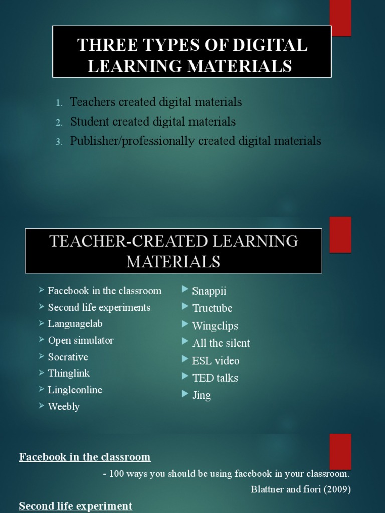 Types of Digital Learning Materials | PDF | Second Life | English As A ...