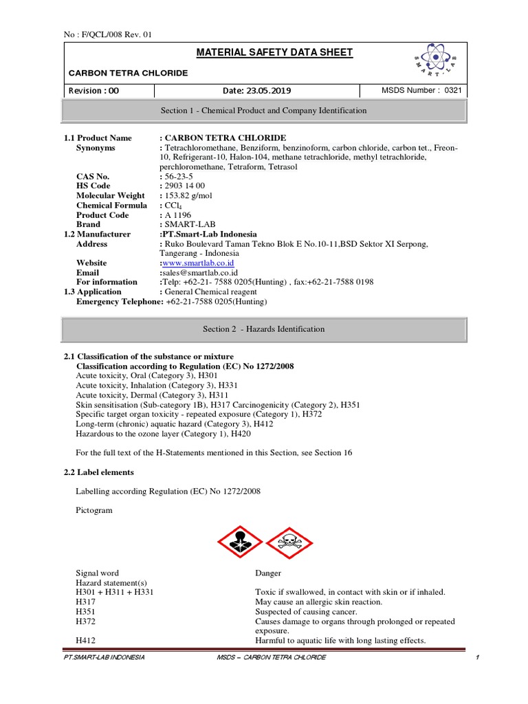 MSDS Carbon Tetra Chloride | PDF | Toxicity | Personal Protective Equipment