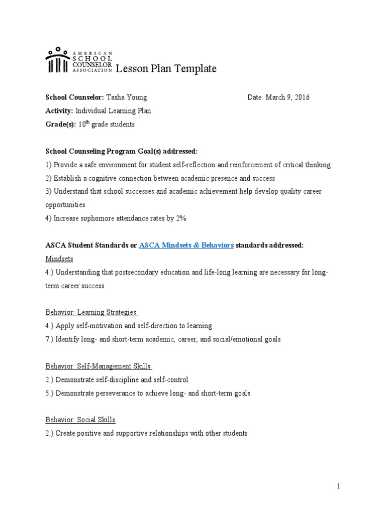 ASCA Lesson Plan Personal Social | PDF | Goal | Neuropsychological ...