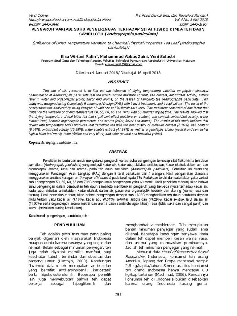 Pengaruh Variasi Suhu Pengeringan Terhadap Sifat Fisiko Kimia Teh Daun | PDF