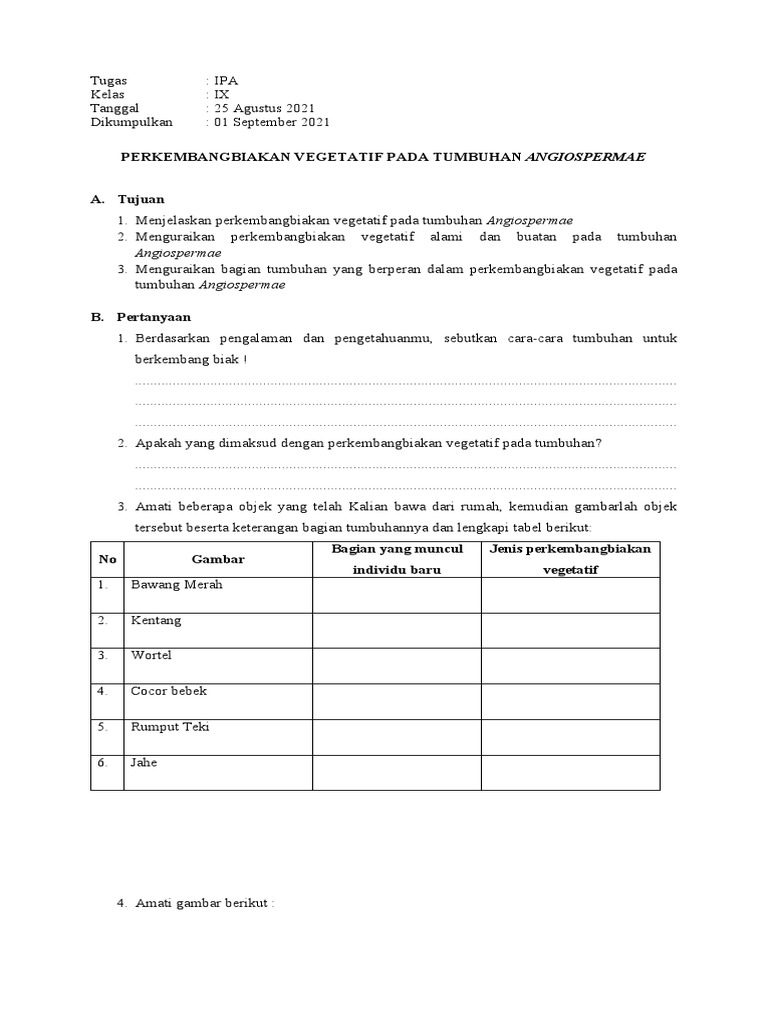 LKPD Kelas 9 Perkembangbiakan Vegetatif Tumbuhan Angiospermae | PDF