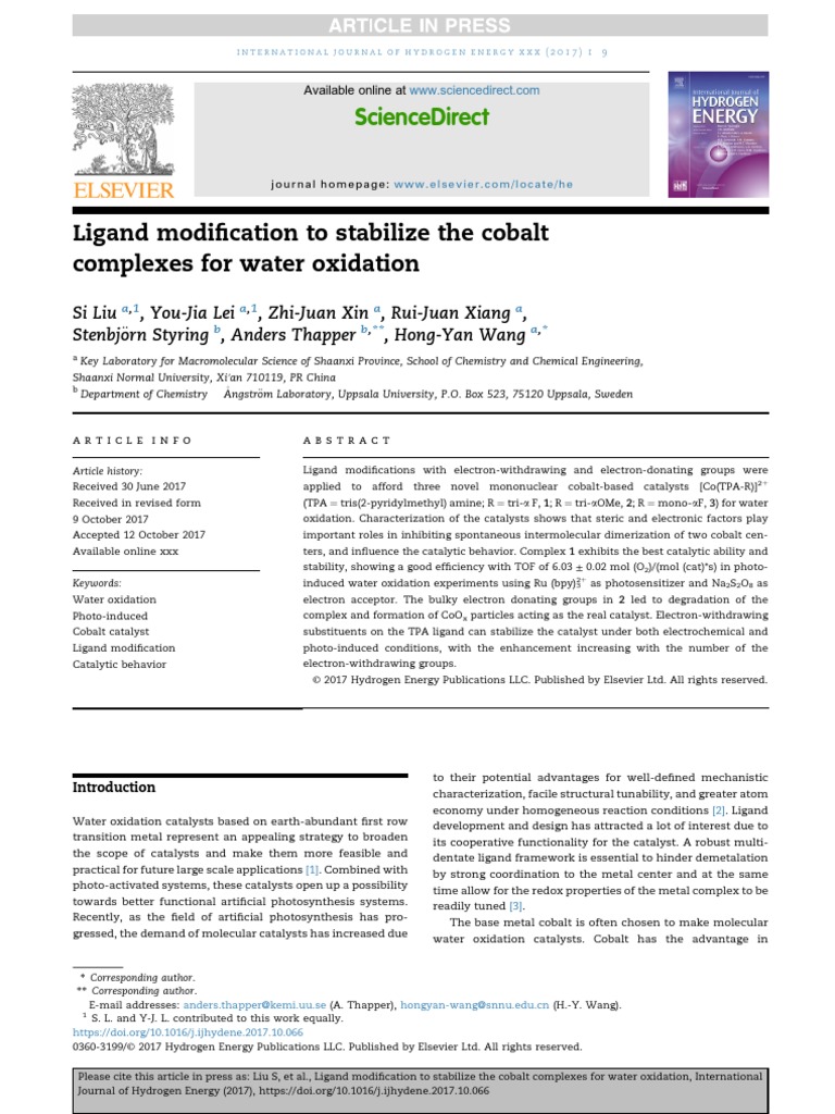 Ligand Modification To Stabilize The Cobalt Complexes For Water ...