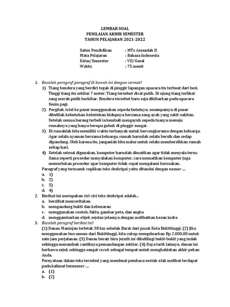 Soal Penilaian Akhir Semester Gasal (Kelas 7) | PDF | Fiksi Umum