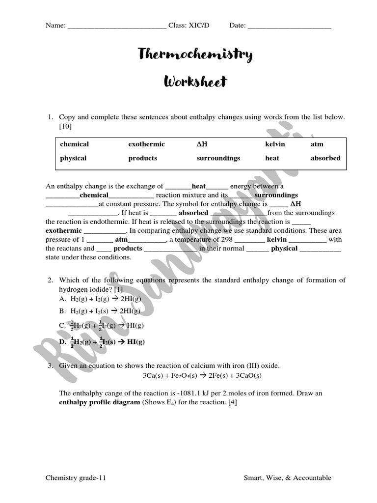 Thermochemistry Worksheet