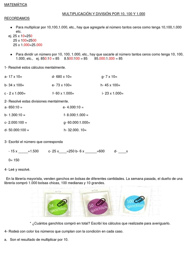 Multiplicación y División X 10 100 y 1000 | PDF