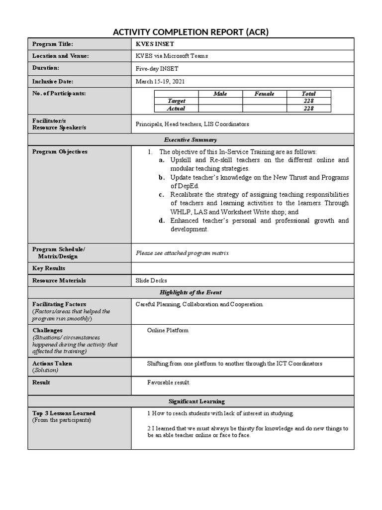 INSET Completion Report | PDF | Educational Technology | Teaching