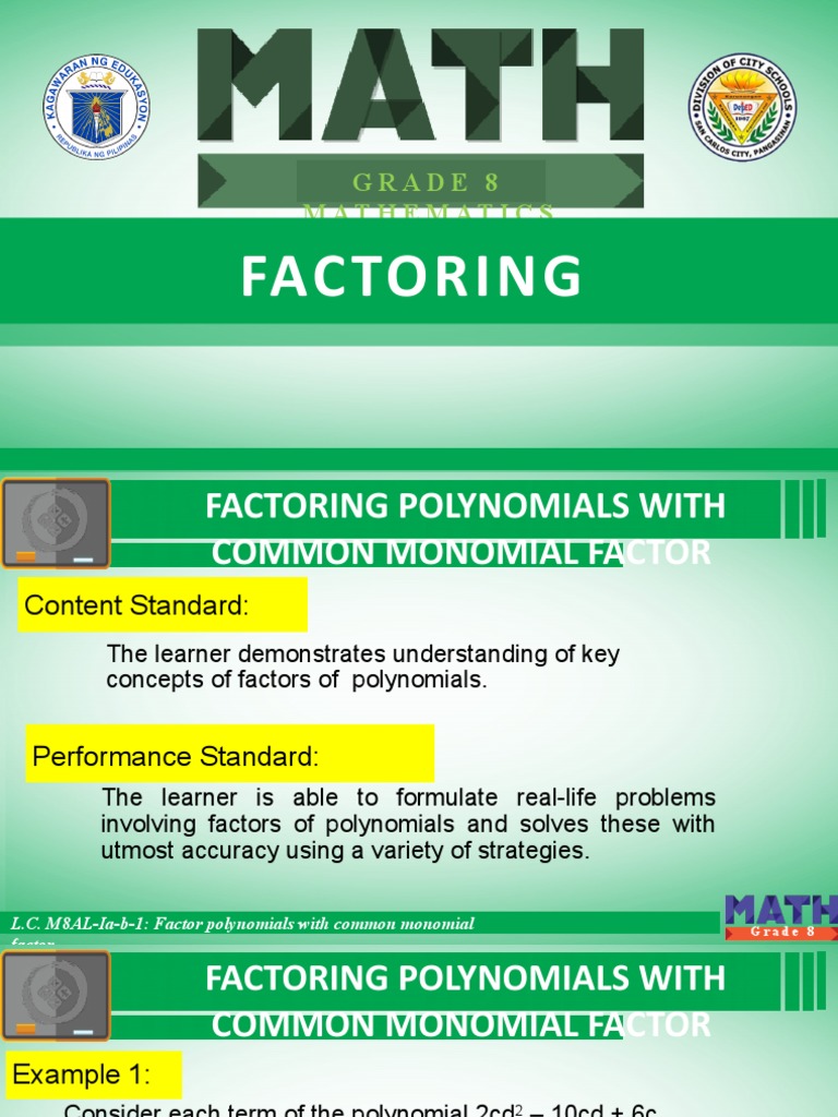Factoring Polynomials With Common Monomial Factor | PDF | Factorization ...