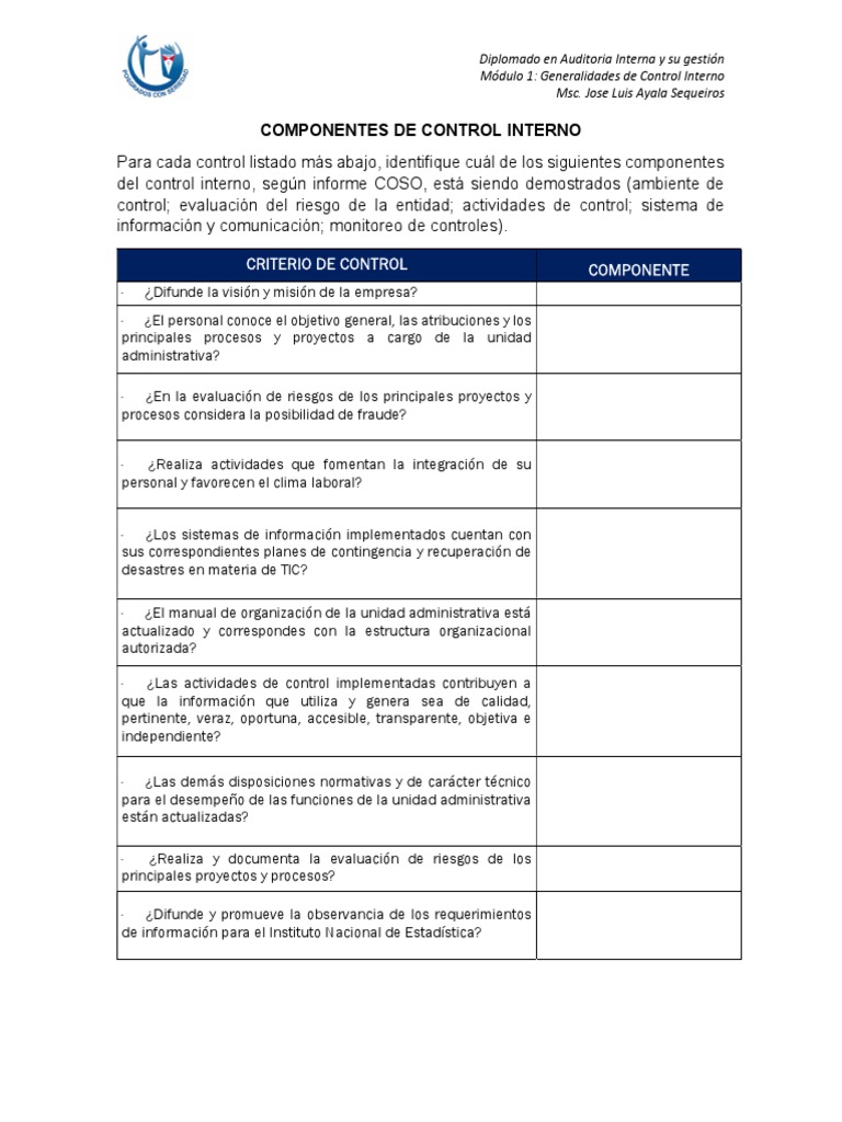 Practica - Componentes Control Interno | PDF | Auditoría | Business