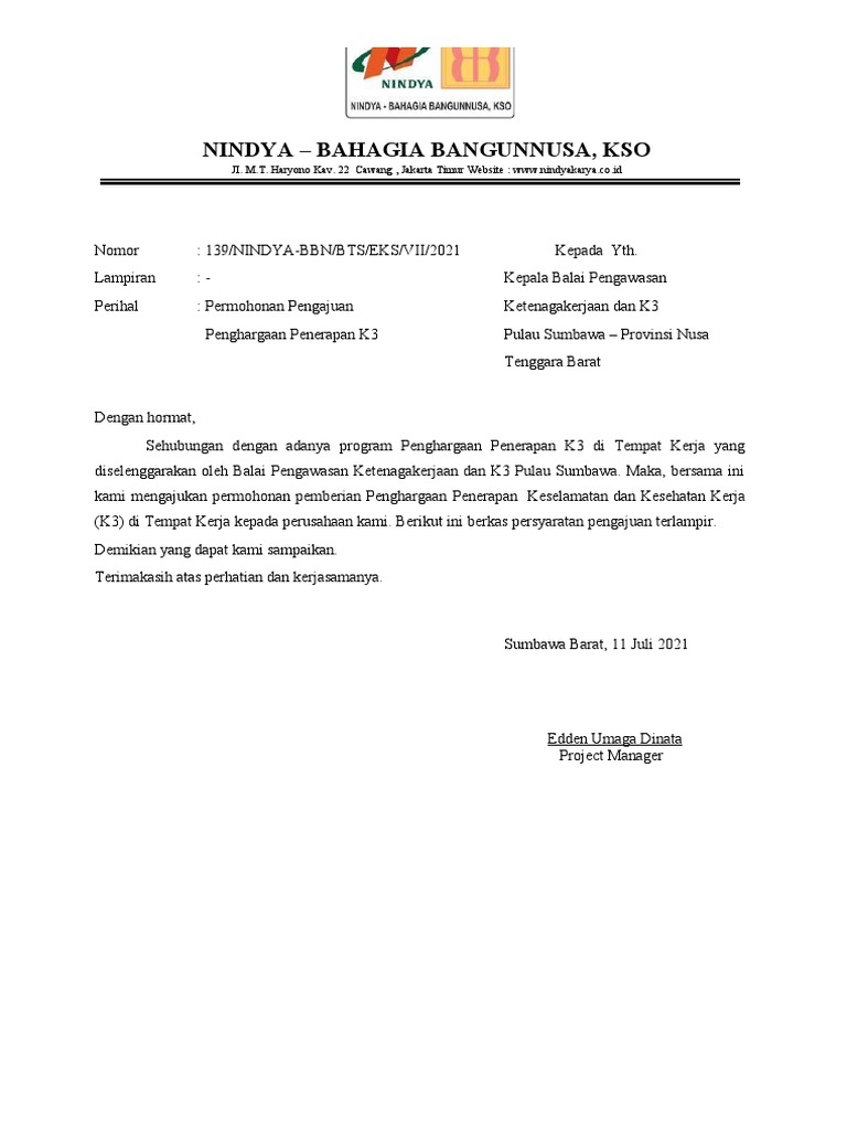 Surat Permohonan Pengajuan Penghargaan Zero Accident | PDF