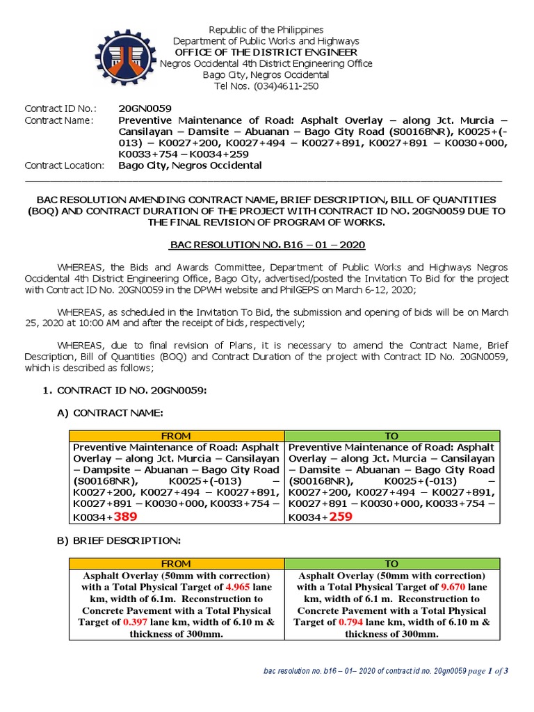 BAC RESOLUTION NO. B16 - 01 - 2020 of 20GN0059 (BID BULLETIN) - 1 | PDF ...