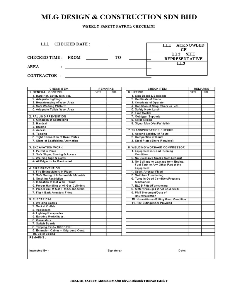 Weekly Safety Patrol Checklist | PDF | Scaffolding | Mechanical Engineering